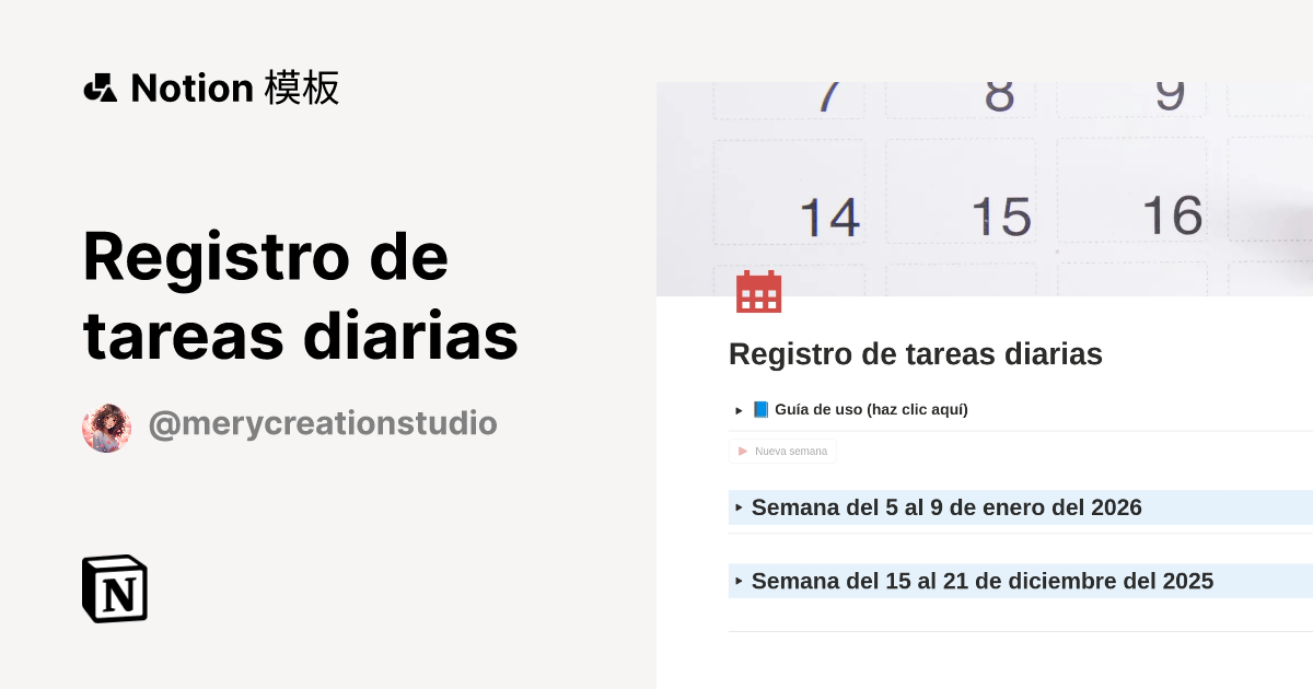 来自 MeryCreation Studio 的 Registro de tareas diarias 模板｜Notion市集