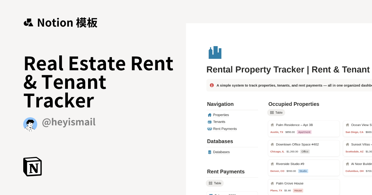 Real Estate Rent & Tenant Tracker 模板 | Notion 市集