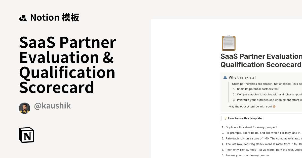 来自 Kaushik Kannan M. 的 SaaS Partner Evaluation & Qualification Scorecard 模板｜Notion市集