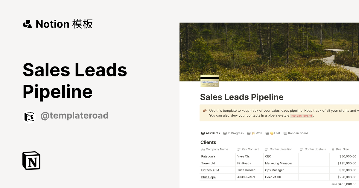 来自 Template Road 的 Sales Leads Pipeline 模板｜Notion市集