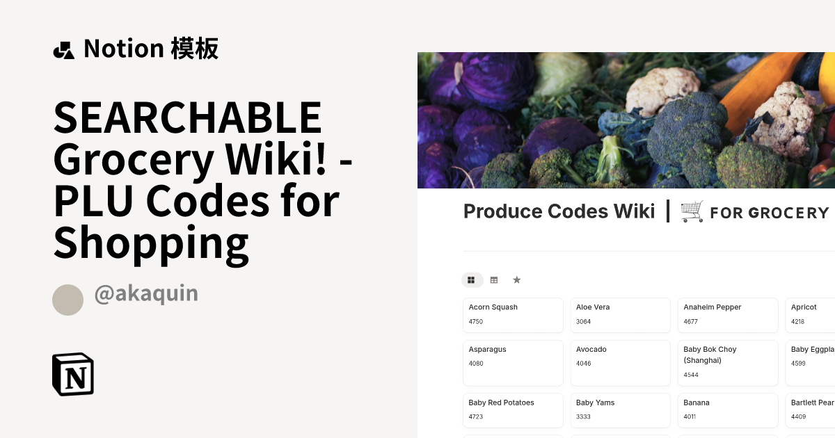 Produce PLU Codes - SEARCHABLE Grocery Wiki! 模板 | Notion 市集