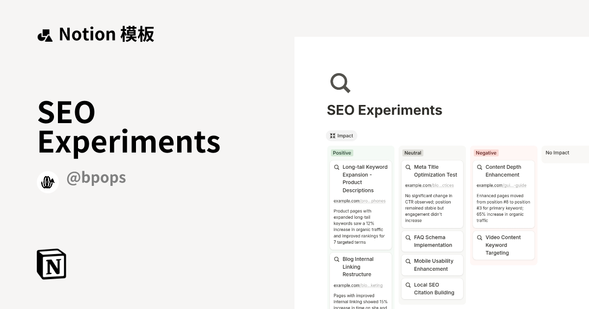 来自 Business Pops 的 SEO Experiments 模板｜Notion市集