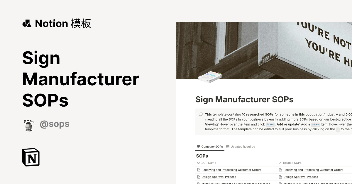来自 SOPs 的 Sign Manufacturer SOPs 模板｜Notion市集
