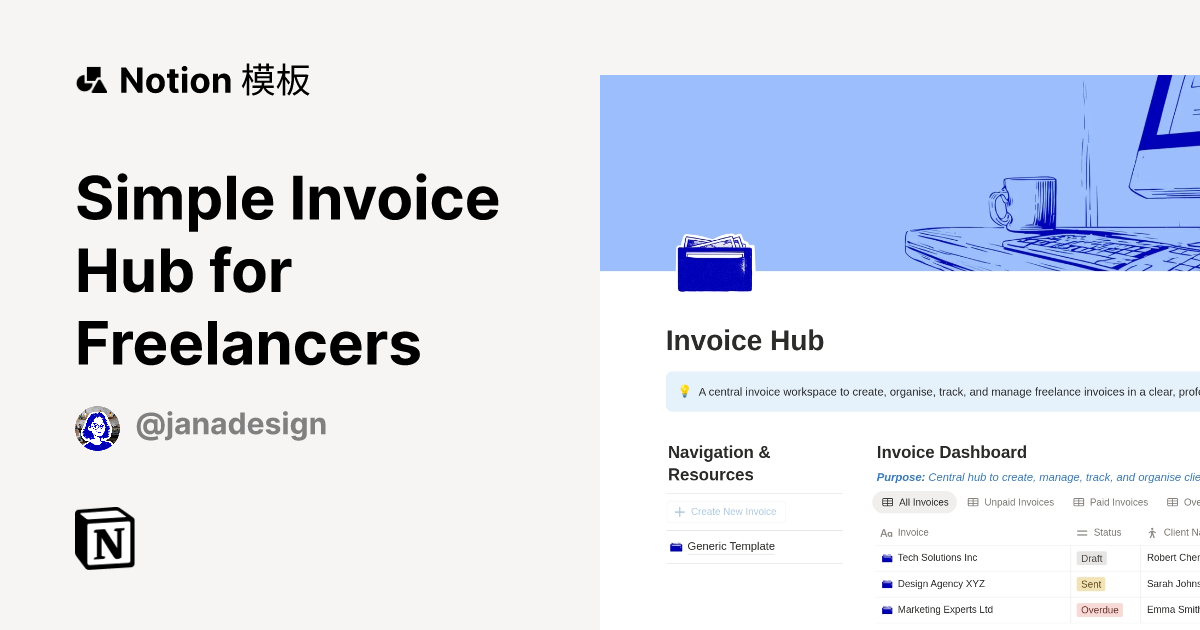 Simple Invoice Hub for Freelancers 模板 | Notion 市集