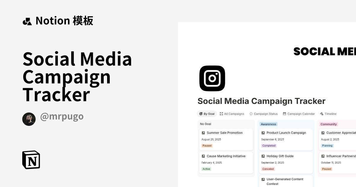 Social Media Campaign Tracker 模板 | Notion 市集