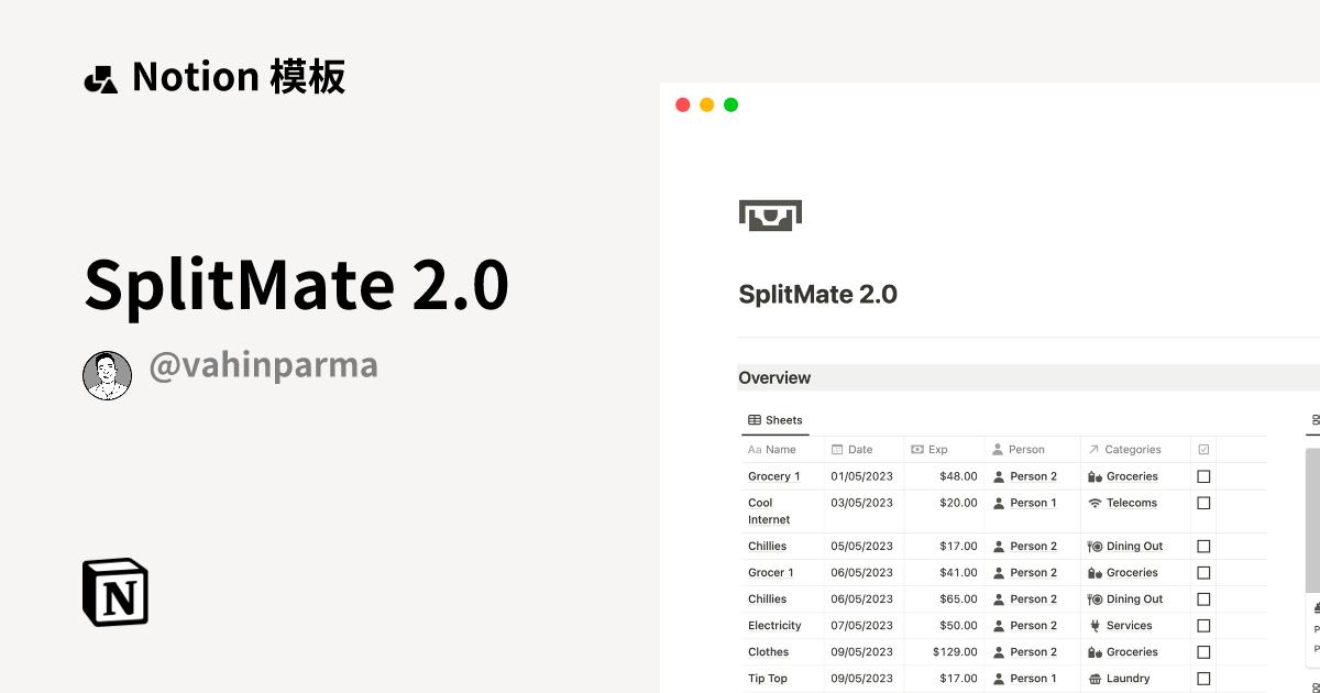 来自 Vahin Parma 的 SplitMate 2.0 模板｜Notion市集