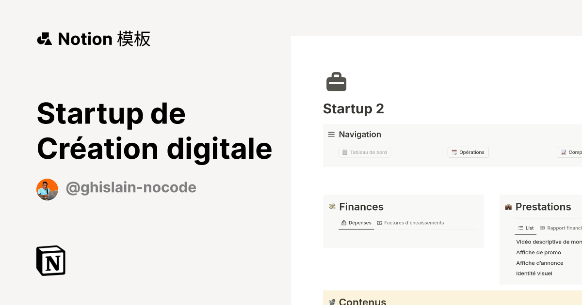 来自 Ghislain-nocoe 的 Startup de Création digitale 模板｜Notion市集