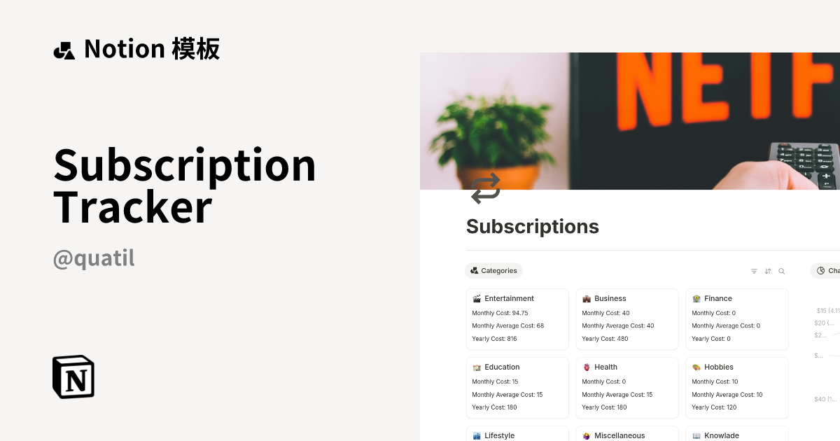 来自 Quatil 的 Subscription Tracker 模板｜Notion市集