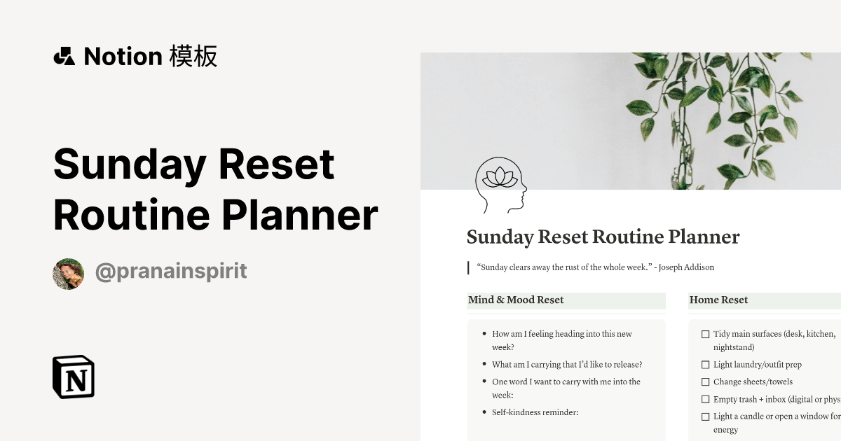 来自 Pranainspirit 的 Sunday Reset Routine Planner 模板｜Notion市集