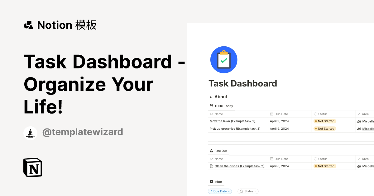 来自 Template Wizard 的 Task Dashboard - Organize Your Life! 模板｜Notion市集
