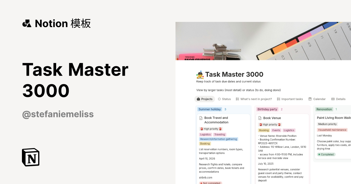 来自 Stef Meliss 的 Task Master 3000 模板｜Notion市集