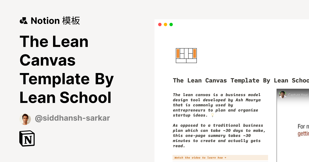 The Lean Canvas Template By Lean School 模板 | Notion 市集