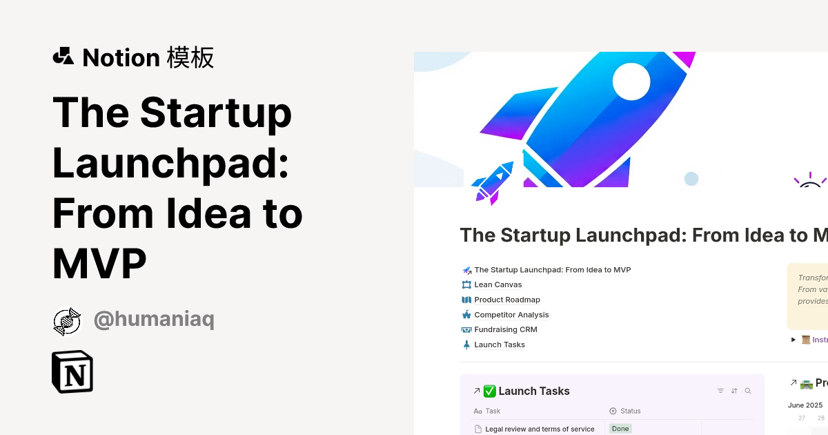 来自 Humaniaq 的 The Startup Launchpad: From Idea to MVP 模板｜Notion市集