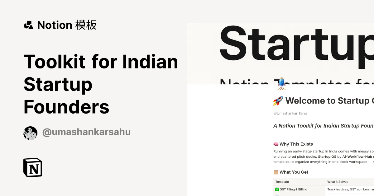 来自 Umashankar Sahu 的 Toolkit for Indian Startup Founders 模板｜Notion市集