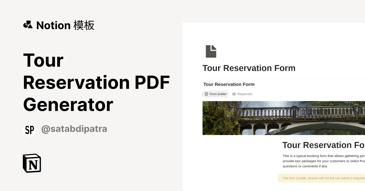 来自 Satabdi Patra 的 Tour Reservation PDF Generator 模板｜Notion市集