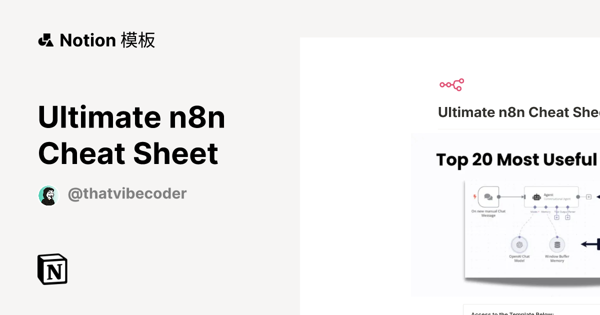 来自 That Vibe Coder 的 Ultimate n8n Cheat Sheet 模板｜Notion市集