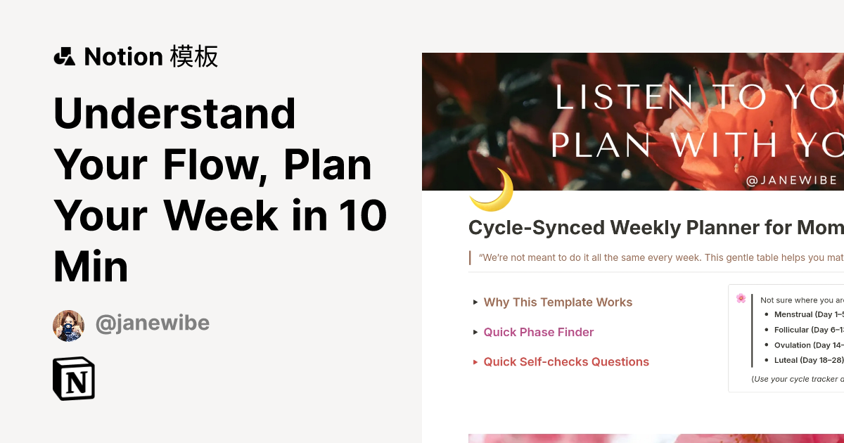 来自 Jane Wibe 的 Understand Your Flow, Plan Your Week in 10 Min 模板｜Notion市集