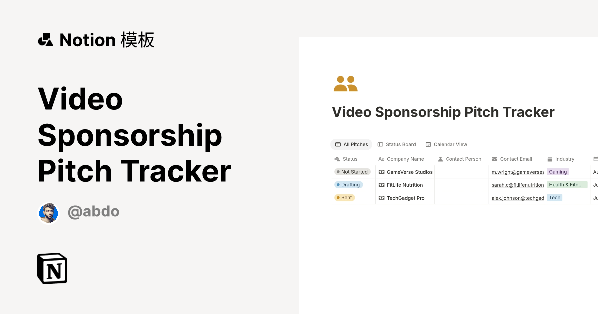 来自 Abdo Karmalla 的 Video Sponsorship Pitch Tracker 模板｜Notion市集