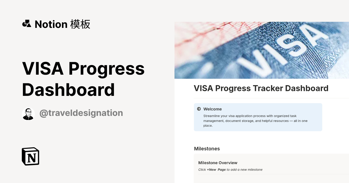 来自 Travel Designation 的 VISA Progress Dashboard 模板｜Notion市集