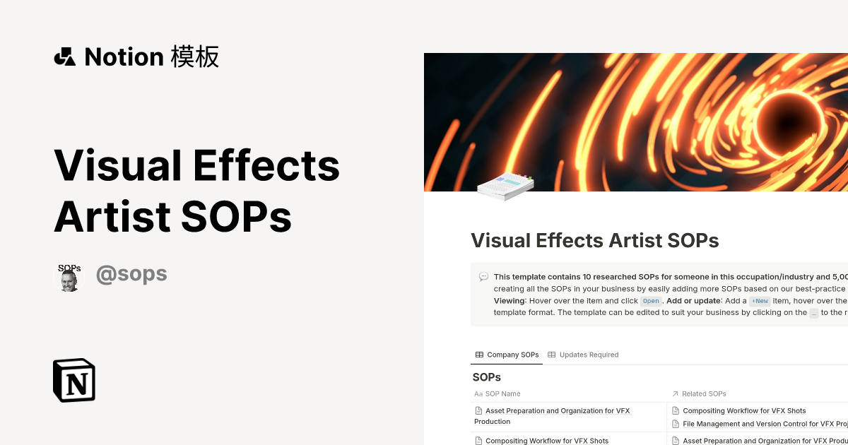 来自 SOPs 的 Visual Effects Artist SOPs 模板｜Notion市集