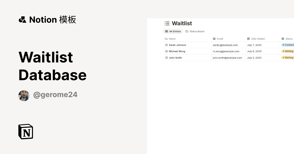 来自 Gerome Elassaad 的 Waitlist Database 模板｜Notion市集