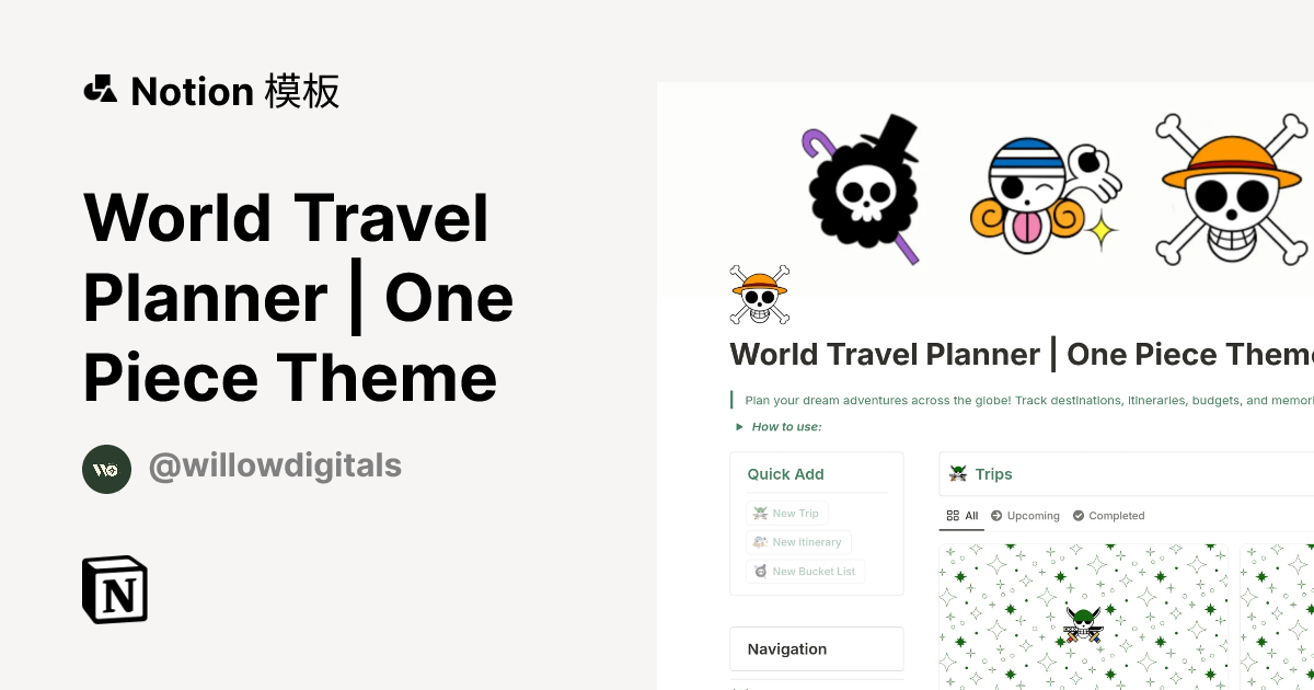 来自 Willow Digitals 的 World Travel Planner | One Piece Theme 模板｜Notion市集