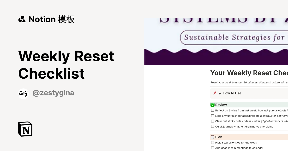 Weekly Reset Checklist 模板 | Notion 市集