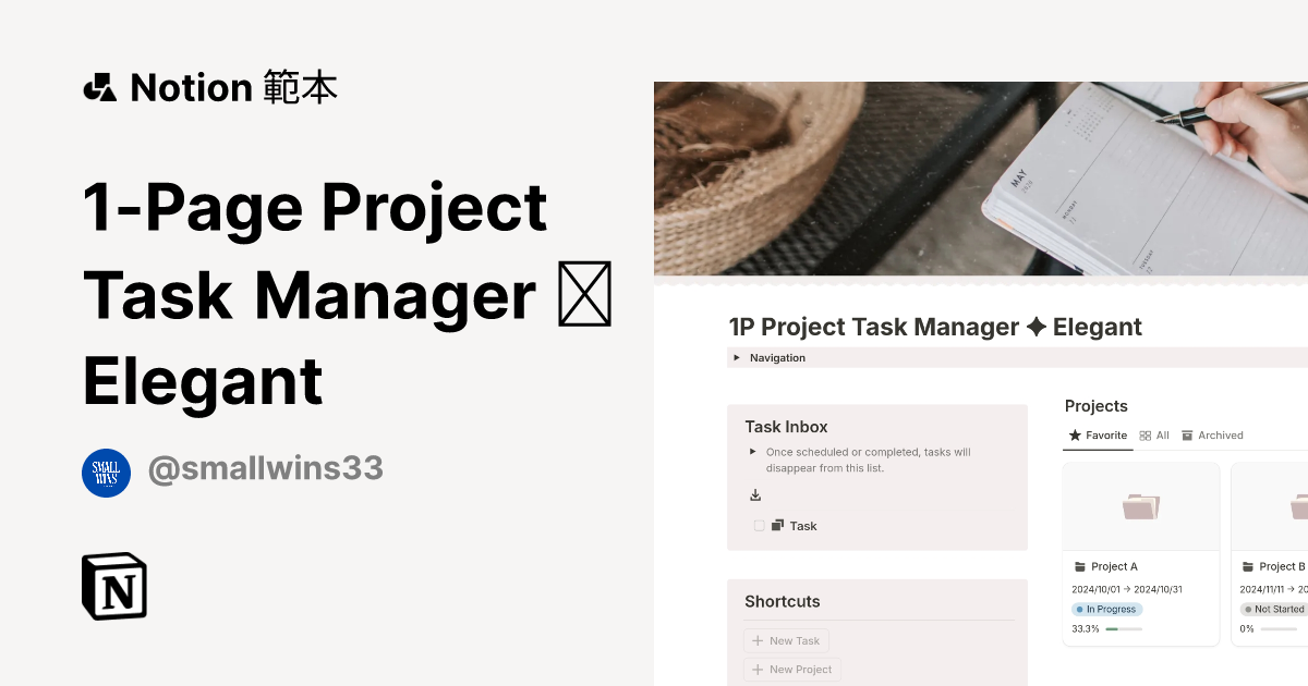由 Small Wins 小勝利 建立的 1-Page Project Task Manager Elegant 範本 | Notion Marketplace