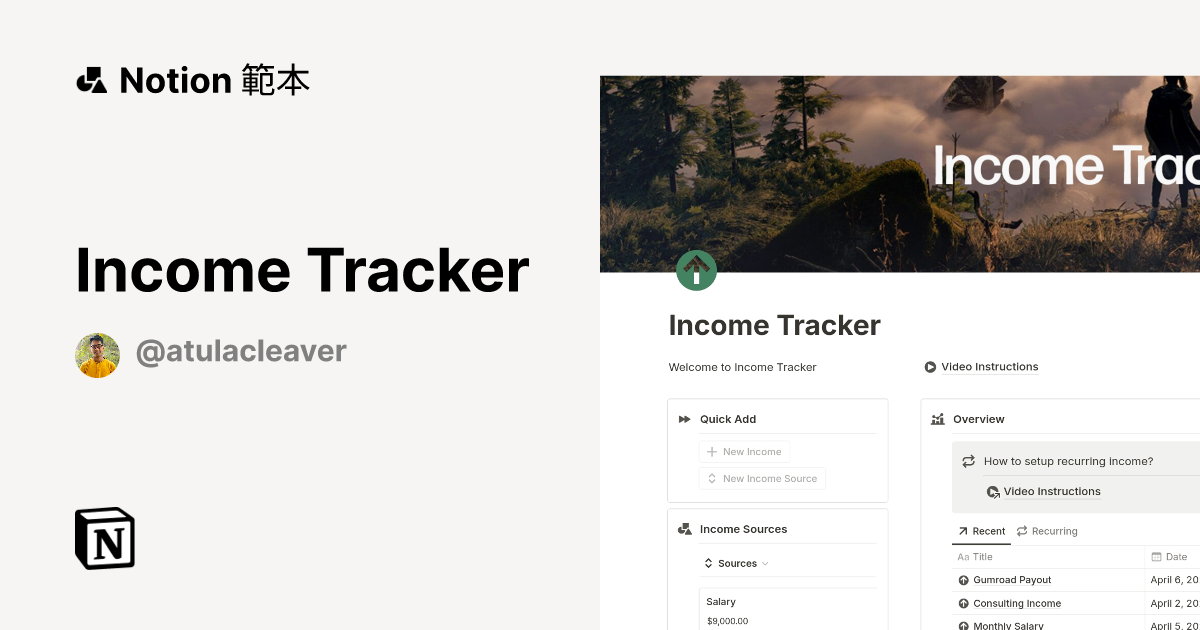 由 Atul | Notion4Creators 建立的 Income Tracker 範本 | Notion Marketplace