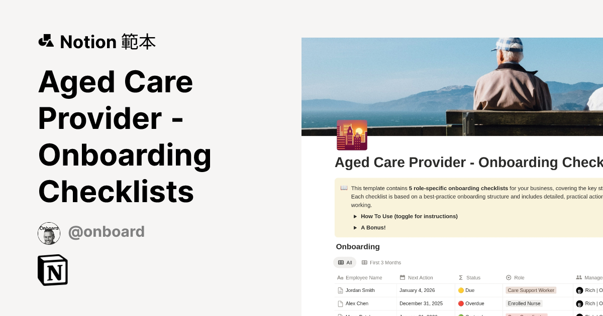 Aged Care Provider - Onboarding Checklists 範本 | Notion Marketplace