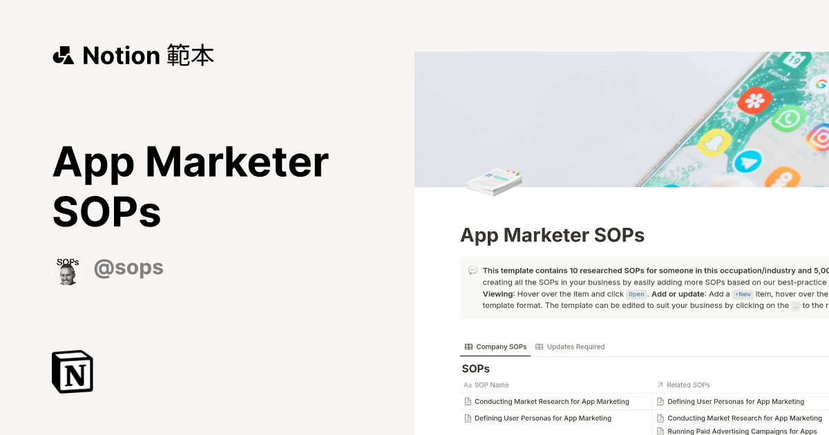 由 SOPs 建立的 App Marketer SOPs 範本 | Notion Marketplace