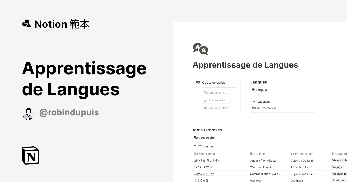 由 Robin Dupuis 建立的 Apprentissage de Langues 範本 | Notion Marketplace