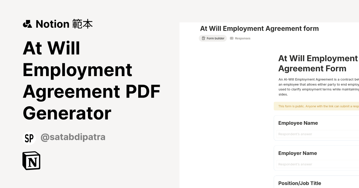 由 Satabdi Patra 建立的 At Will Employment Agreement Pdf Generator 範本