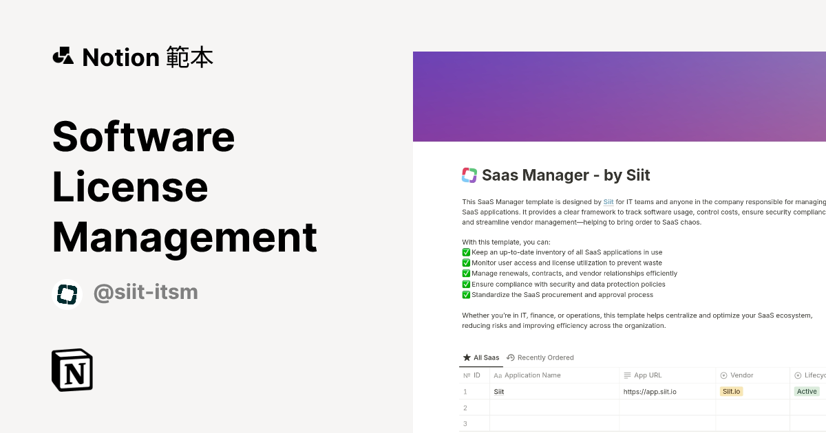 由 Siit ITSM 建立的 Software License Management 範本 | Notion Marketplace