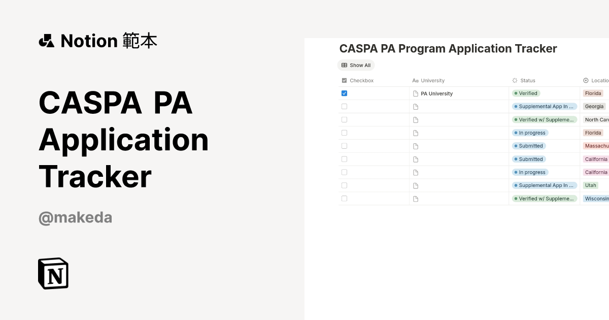 由 makeda 建立的 CASPA PA Application Tracker 範本 | Notion Marketplace