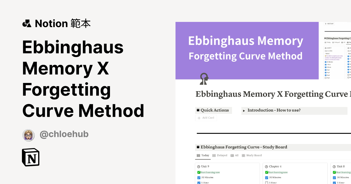 由 Chloe Hub 建立的 Ebbinghaus Memory X Forgetting Curve Method 範本 | Notion Marketplace