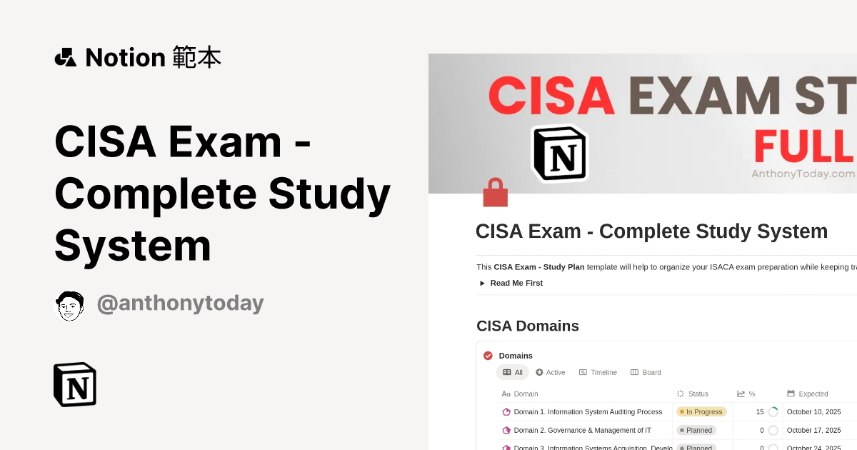 由 AnthonyToday 建立的 CISA Exam Study Plan 範本 | Notion Marketplace