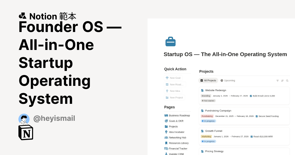 Founder OS — All-in-One Startup Operating System 範本 | Notion Marketplace