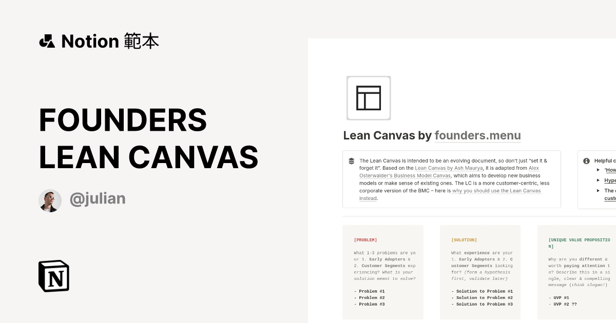 FOUNDERS LEAN CANVAS 範本 | Notion Marketplace