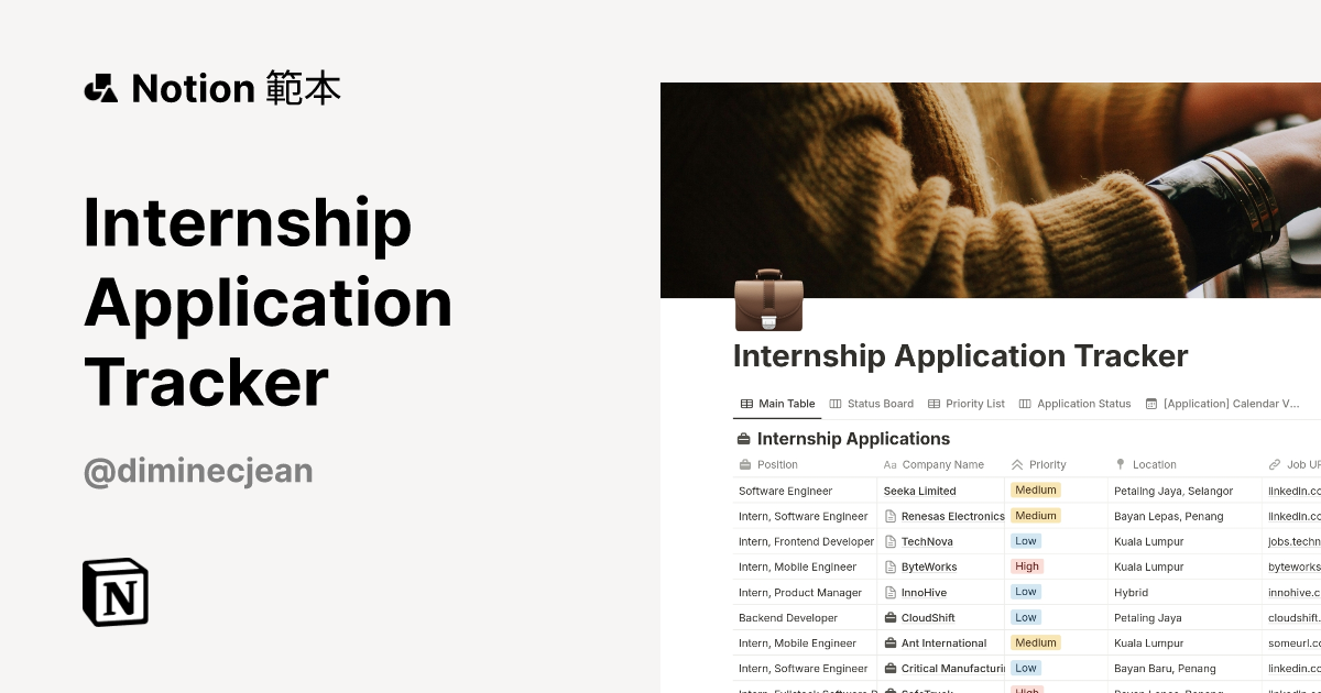 由 Looi Wei En 建立的 Internship Application Tracker 範本 | Notion Marketplace
