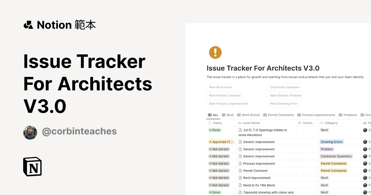 Issue Tracker For Architects V3.0 範本 | Notion Marketplace