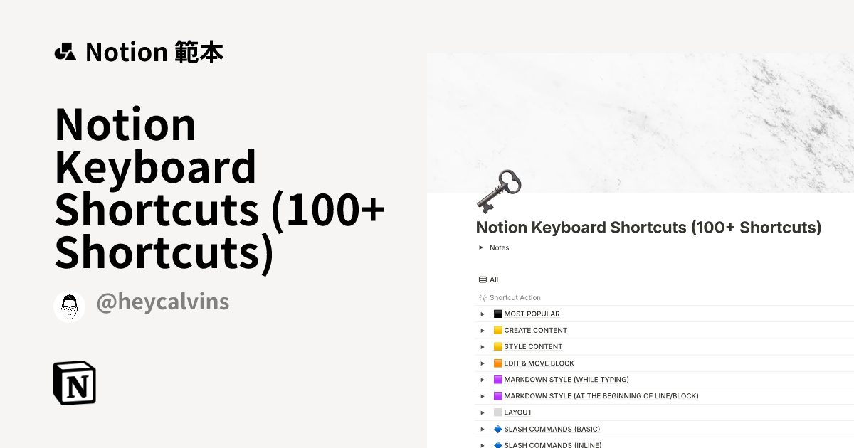 由 Calvin 建立的 Notion Keyboard Shortcuts (100+ Shortcuts) 範本 | Notion ...