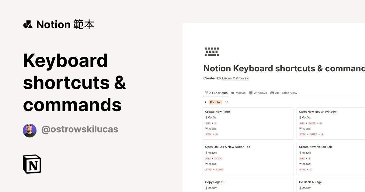 Keyboard shortcuts & commands 範本 | Notion Marketplace
