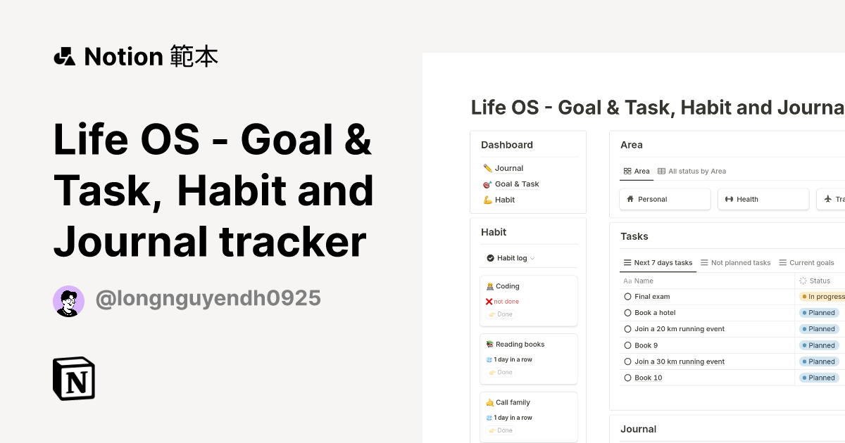 由 Long Nguyen 建立的 Life OS - Goal & Task, Habit and Journal tracker 範本 ...