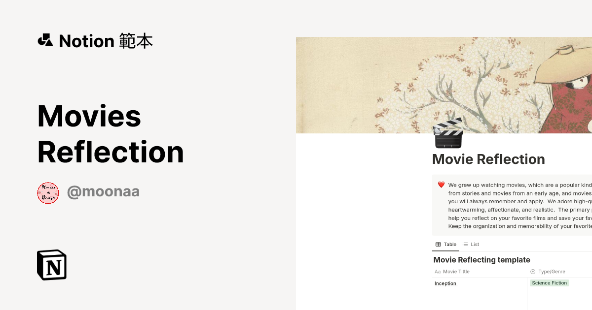 由 moonaa 建立的 Movies Reflection 範本 | Notion Marketplace