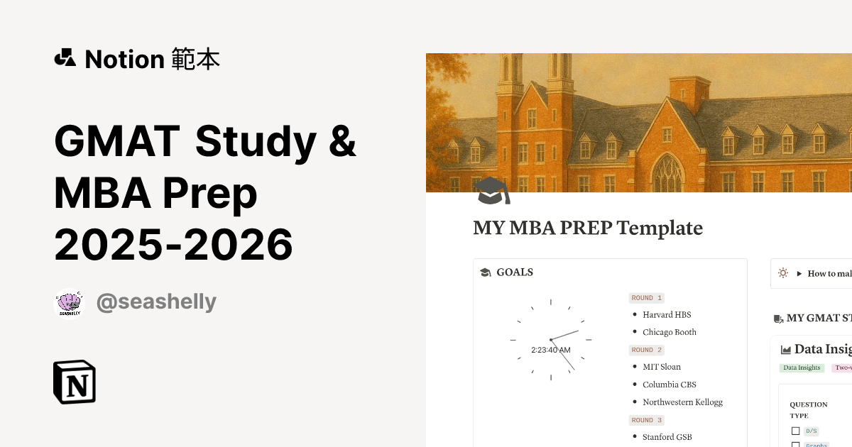 由 Sea Shelly 建立的 GMAT Study & MBA Prep 2025-2026 範本 | Notion Marketplace