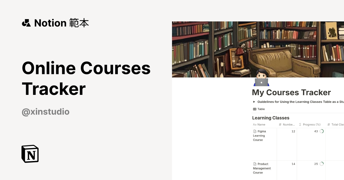 由 Xin's Studio 建立的 Online Courses Tracker 範本 | Notion Marketplace