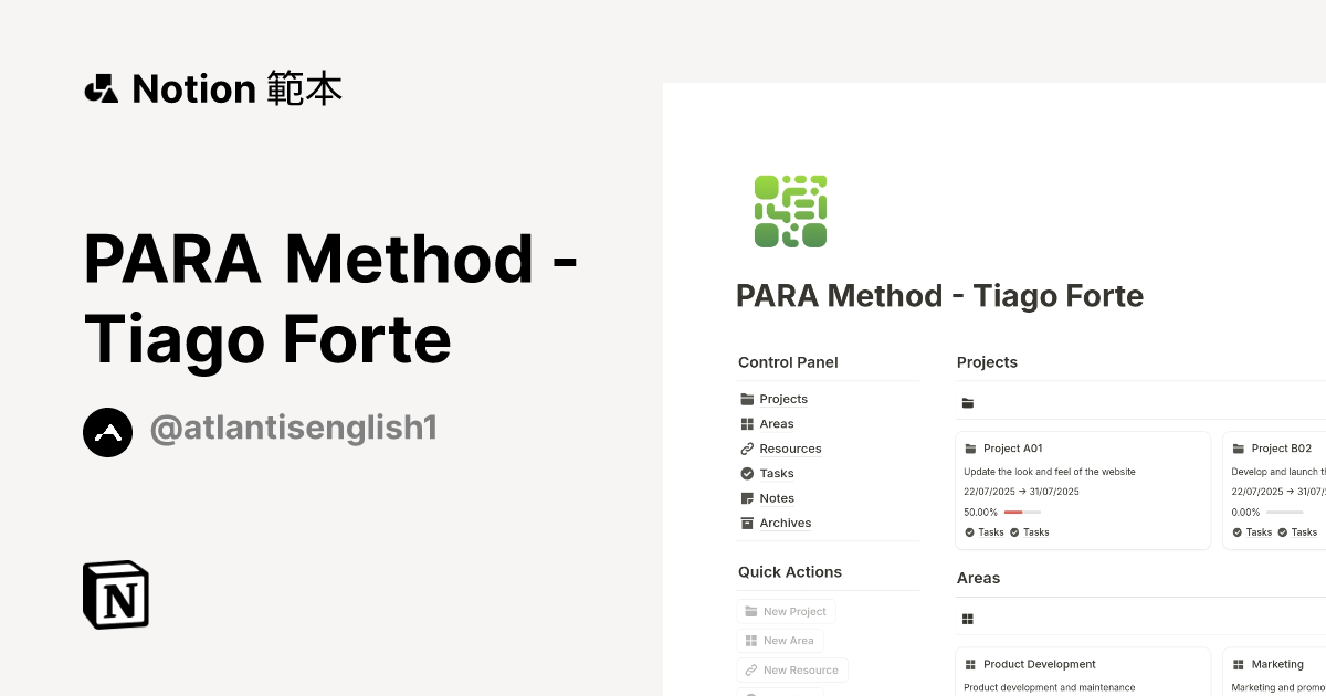 由 Atlantis English 建立的 PARA Method - Tiago Forte 範本 | Notion Marketplace
