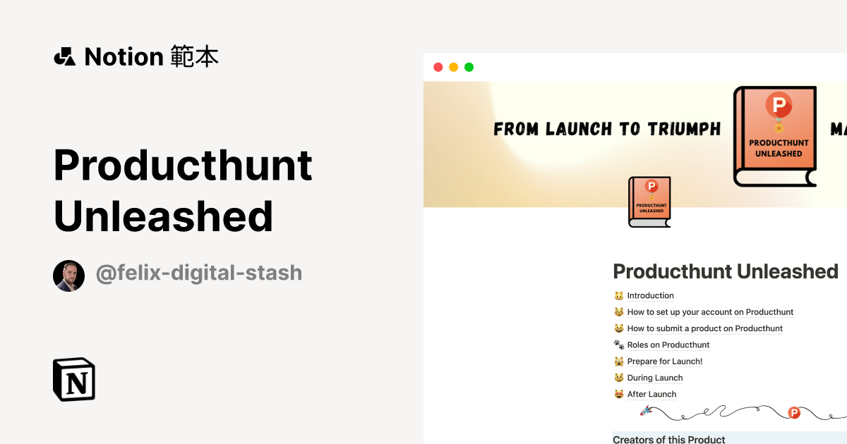 由 Felix' Digital Stash 建立的 Producthunt Unleashed 範本 | Notion Marketplace