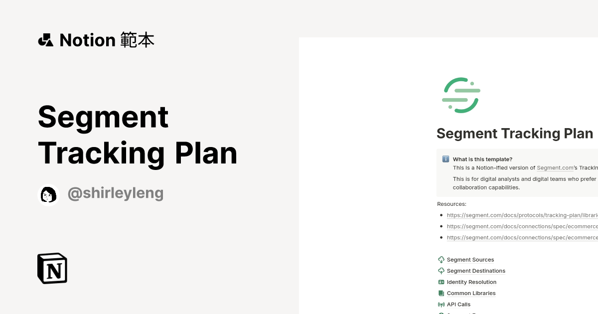 由 Shirley 建立的 Segment Tracking Plan 範本 | Notion Marketplace